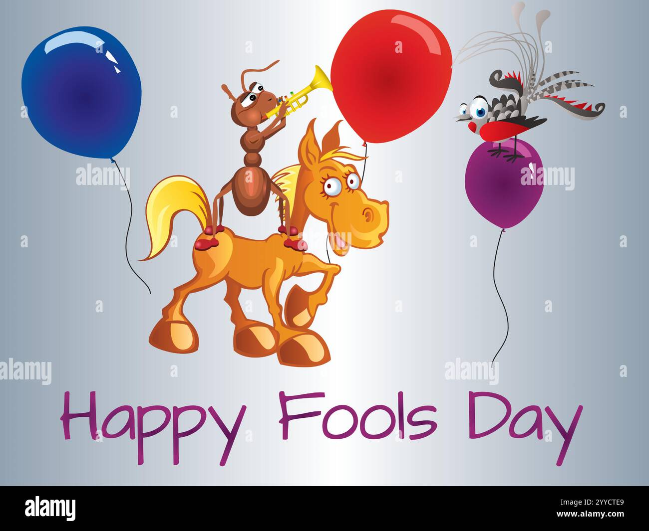 Cartoon of a horse and an ant riding a balloon with a bird in the ...