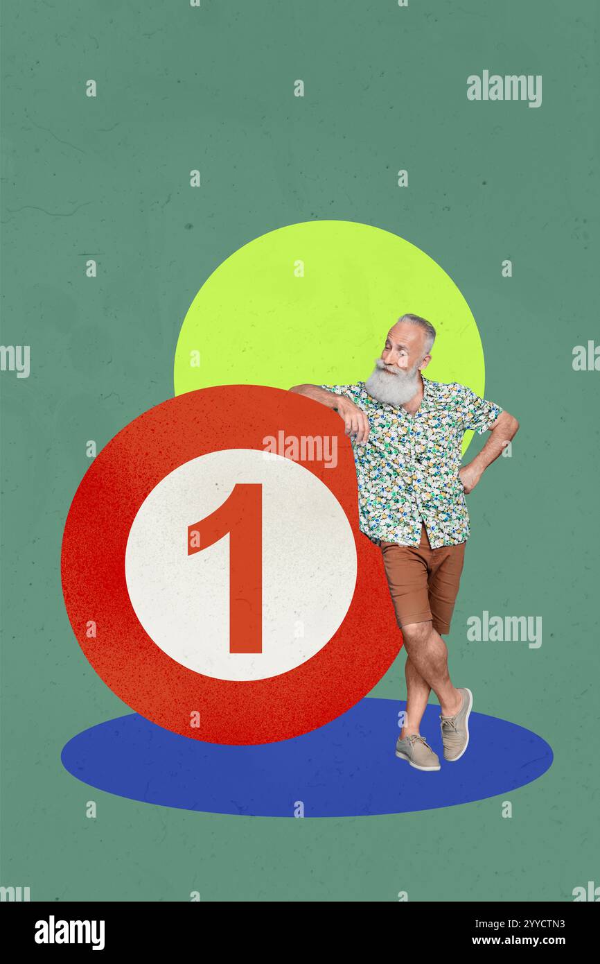 Vertical collage elder man pensioner grandfather standing first place ...