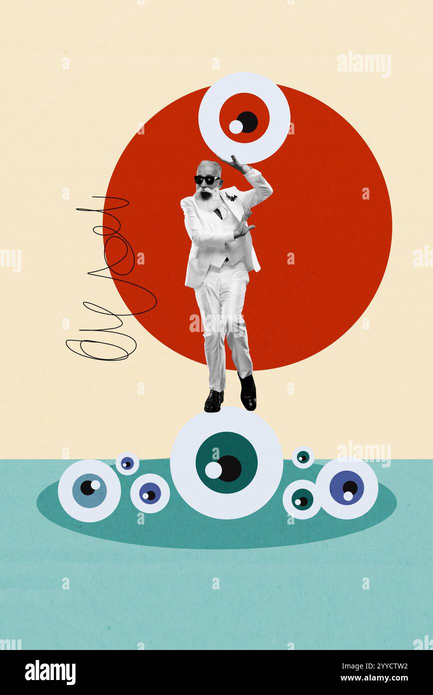 Vertical poster image collage of scared old man wear white formal suit ...