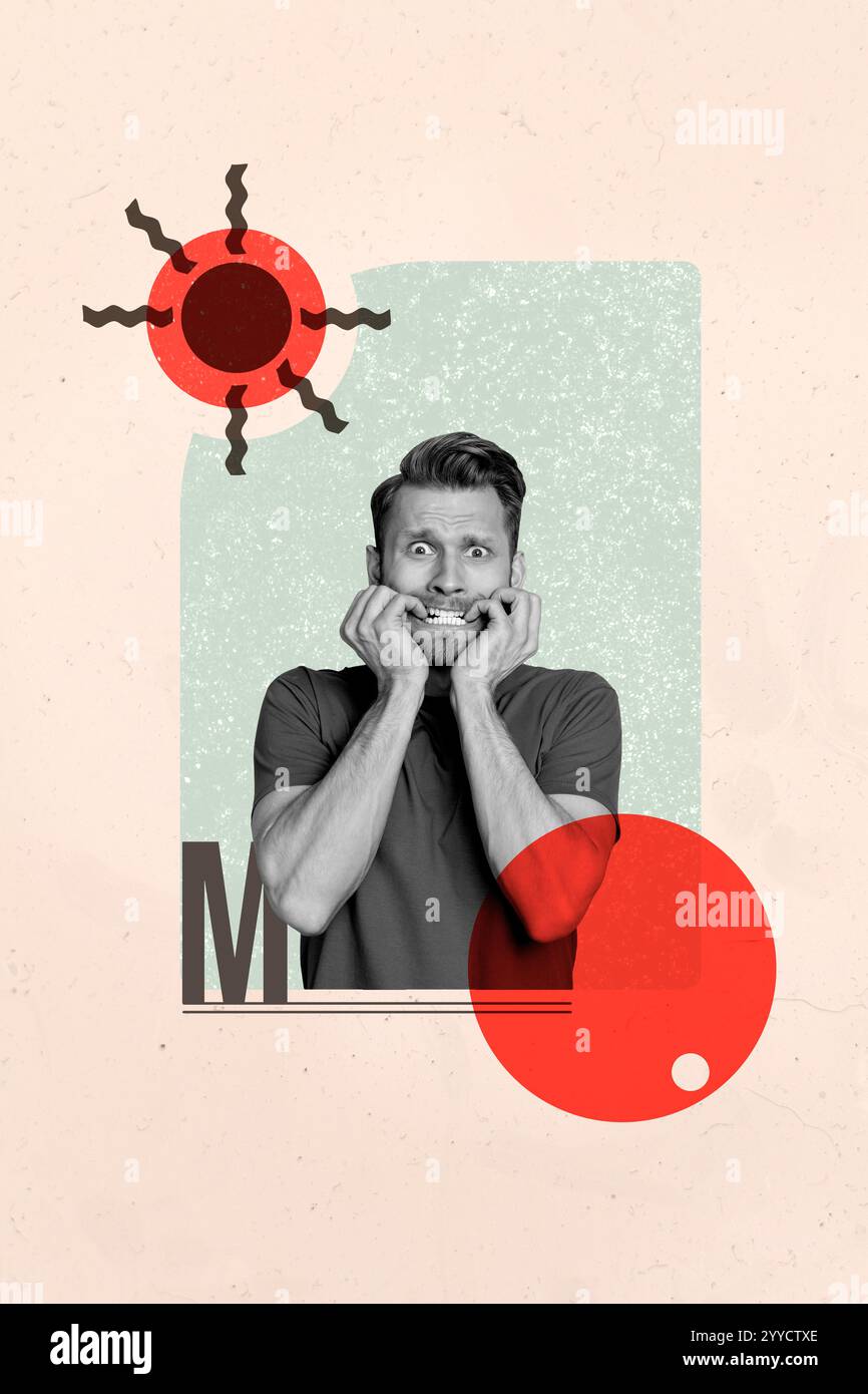 Composite trend artwork sketch image collage of scared man bite fingers ...