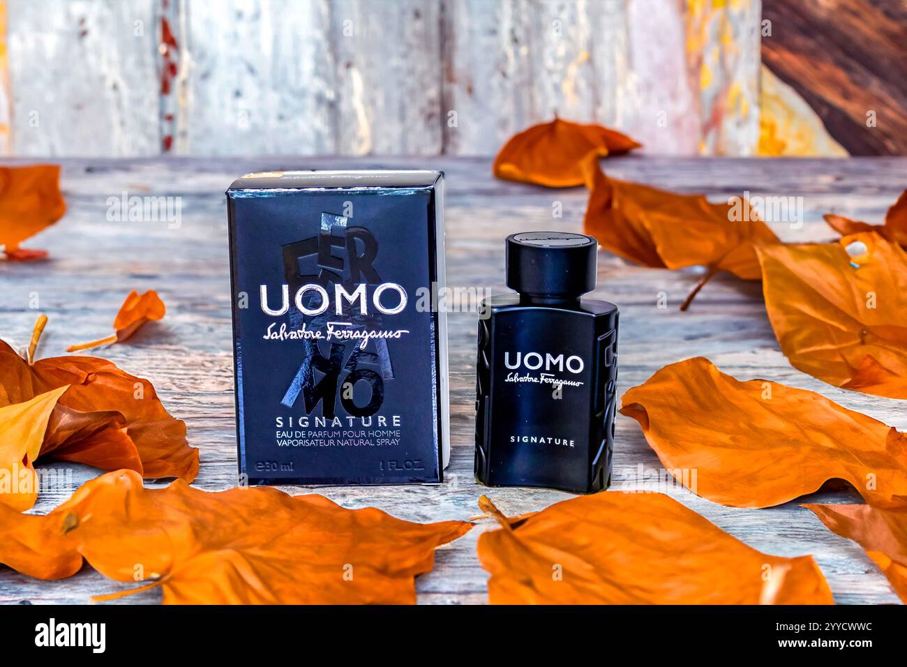 Brazil, December 21, 2024. Vintage Uomo Signature men's perfume with a ...