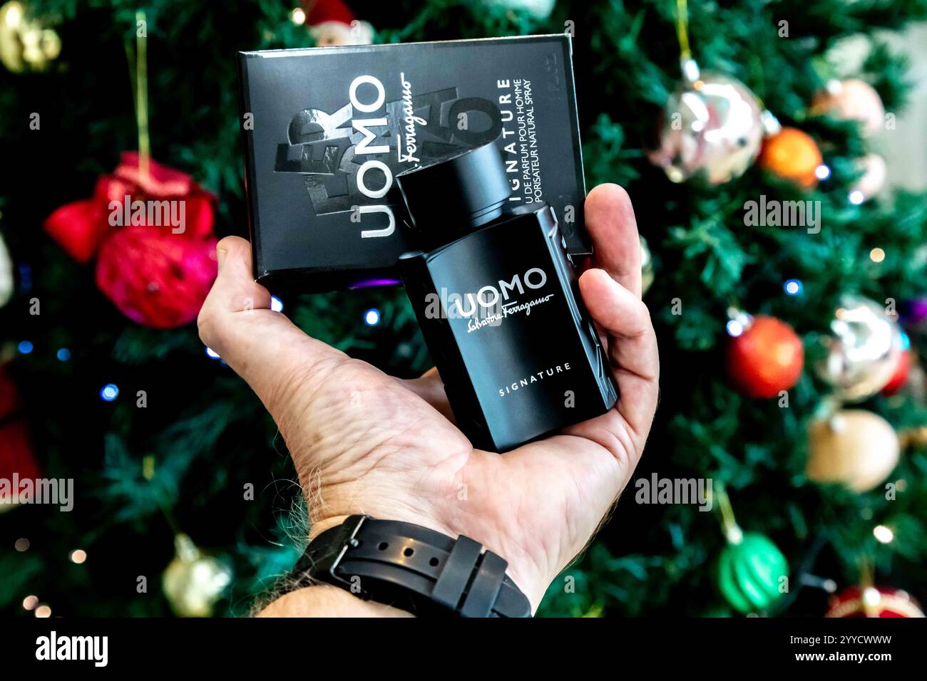 Brazil, December 21, 2024. Vintage Uomo Signature men's perfume with a ...