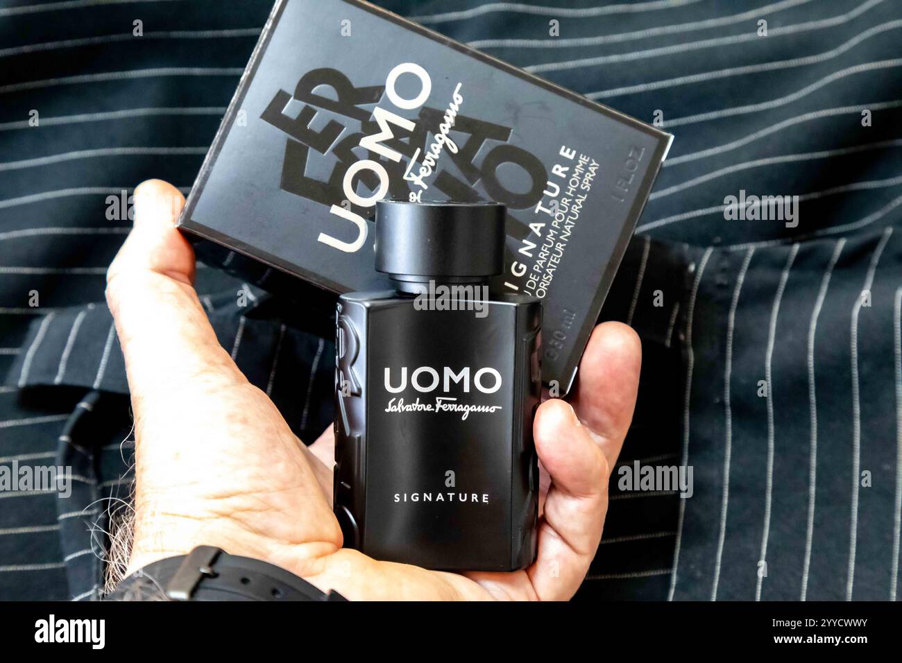 Brazil, December 21, 2024. Vintage Uomo Signature men's perfume with a ...