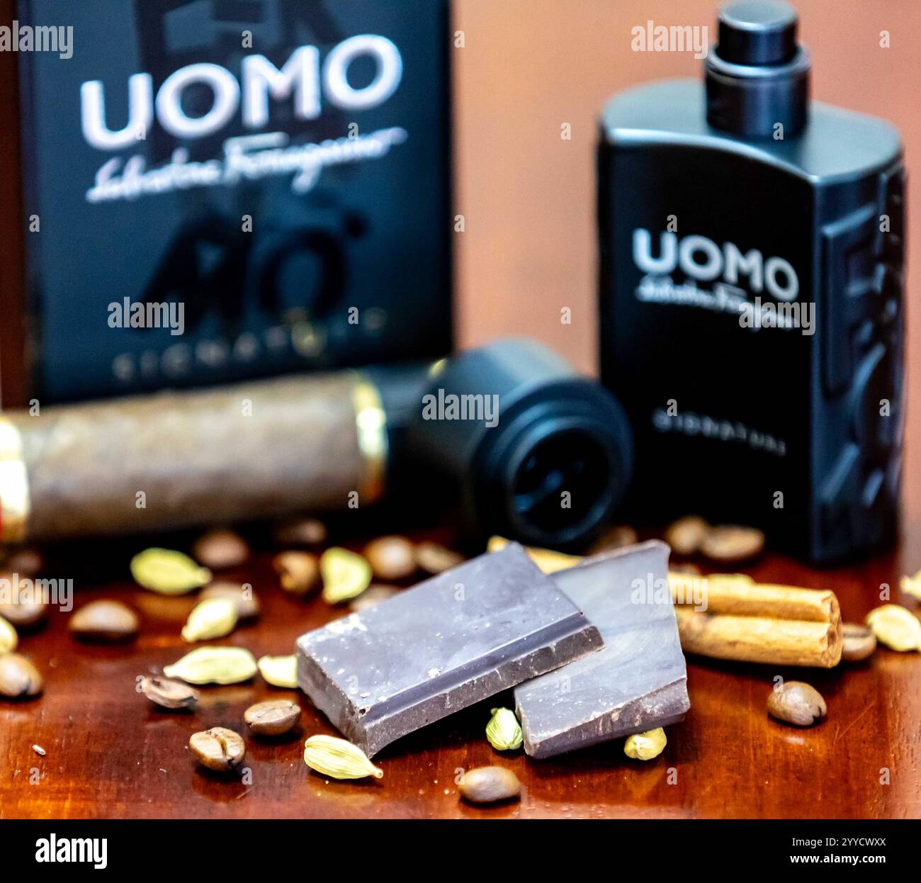 Brazil, December 21, 2024. Vintage Uomo Signature men's perfume with a ...