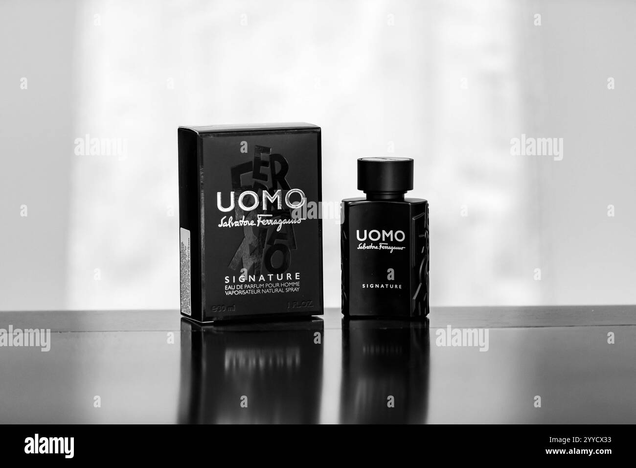 Brazil, December 21, 2024. Vintage Uomo Signature men's perfume with a ...