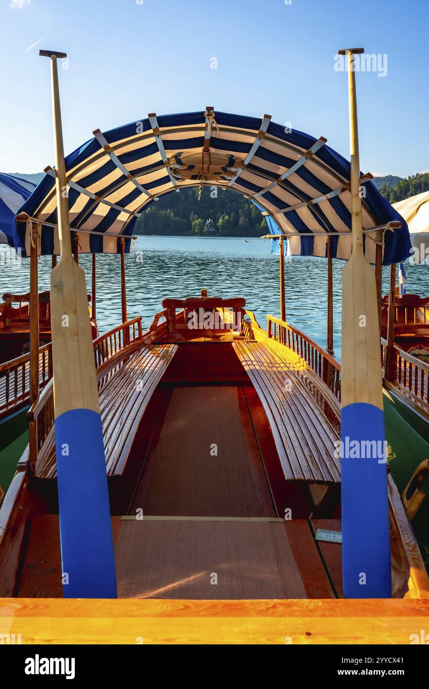 Wooden pletna boat with blue oars and striped canopy waiting on the ...