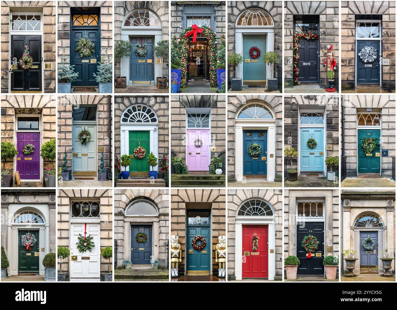 Composite montage of New Town Georgian house front doors with Christmas ...