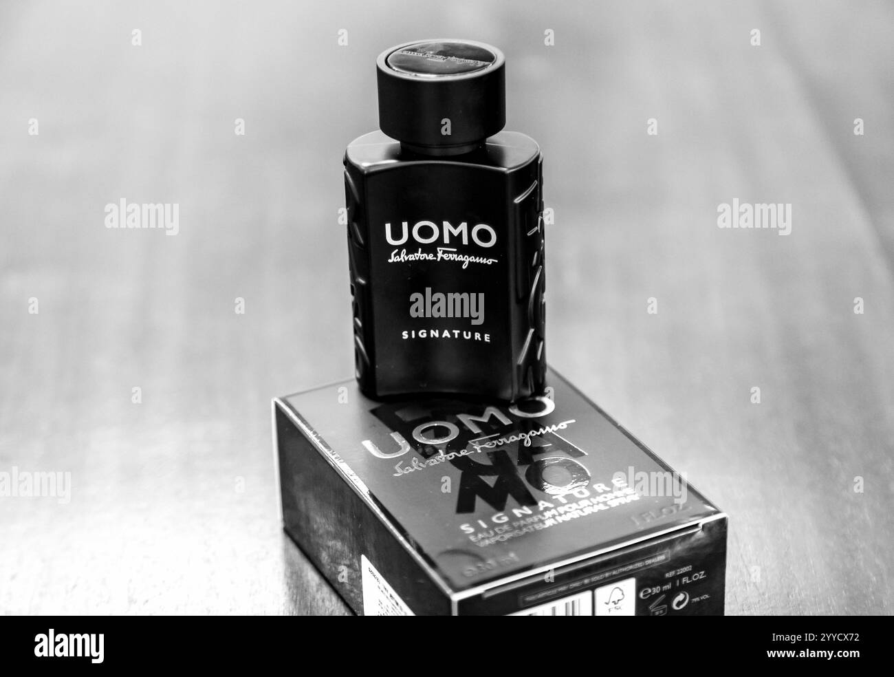 Brazil, December 21, 2024. Vintage Uomo Signature men's perfume with a ...