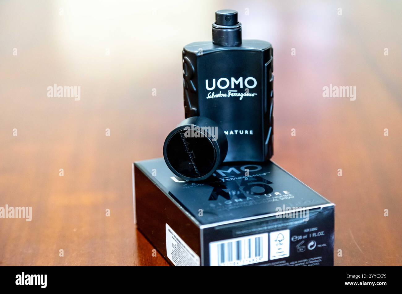 Brazil, December 21, 2024. Vintage Uomo Signature men's perfume with a ...