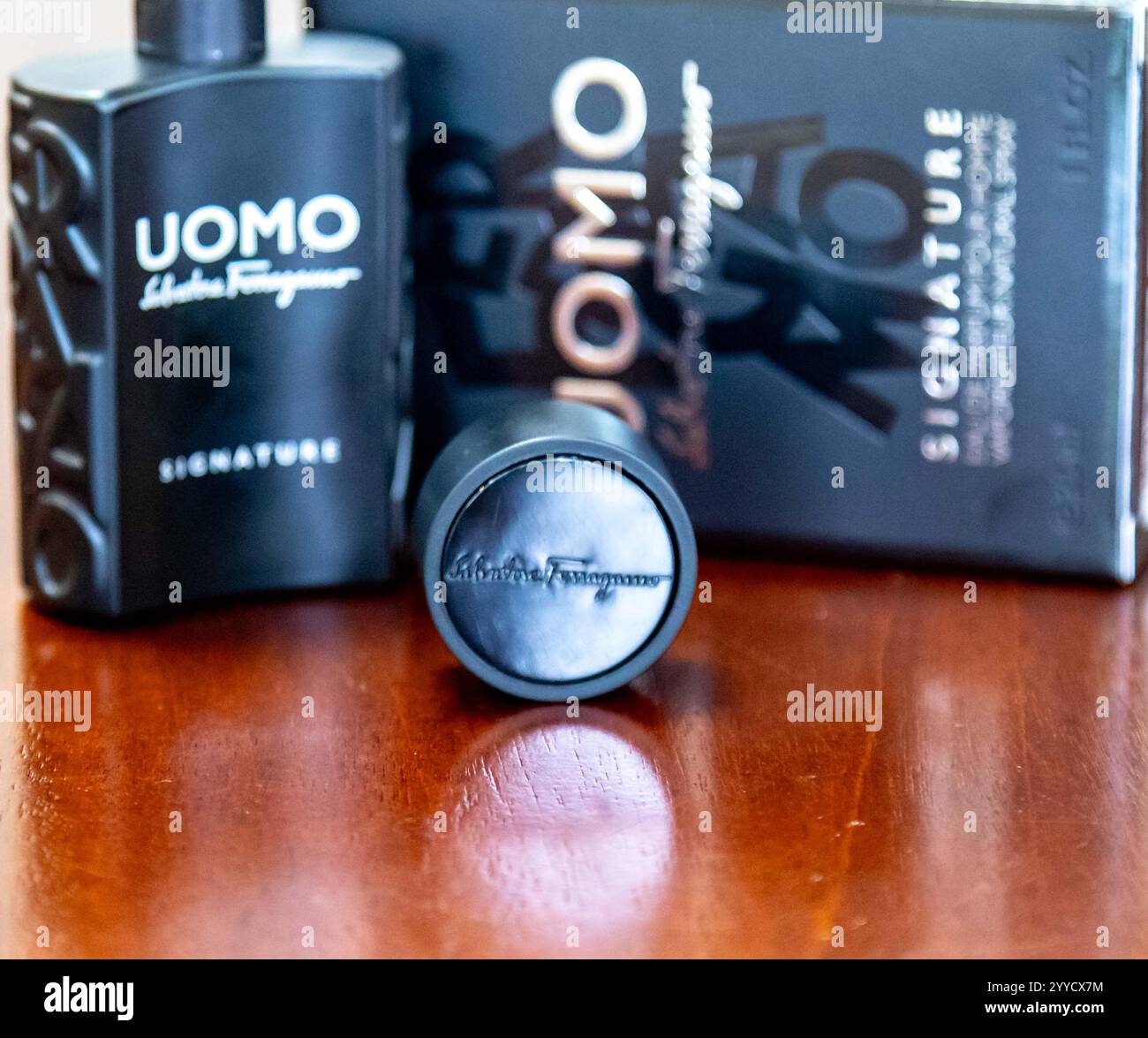 Brazil, December 21, 2024. Vintage Uomo Signature men's perfume with a warm and spicy olfactory ...