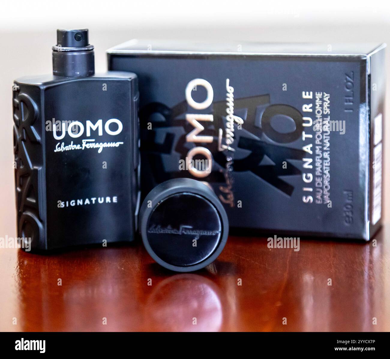 Brazil, December 21, 2024. Vintage Uomo Signature men's perfume with a ...