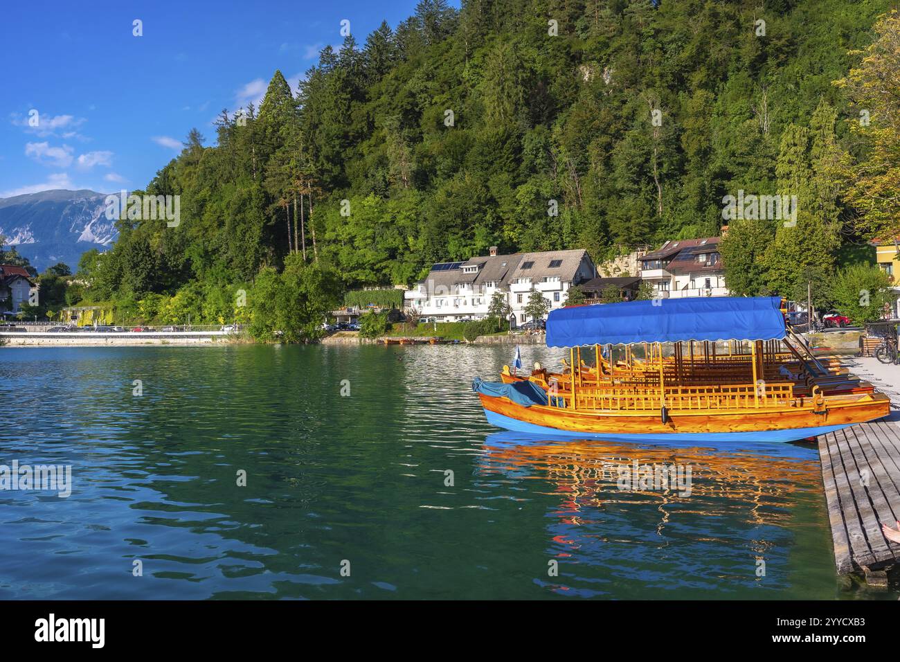 Traditional wooden pletna boat with a blue canopy docked on the ...