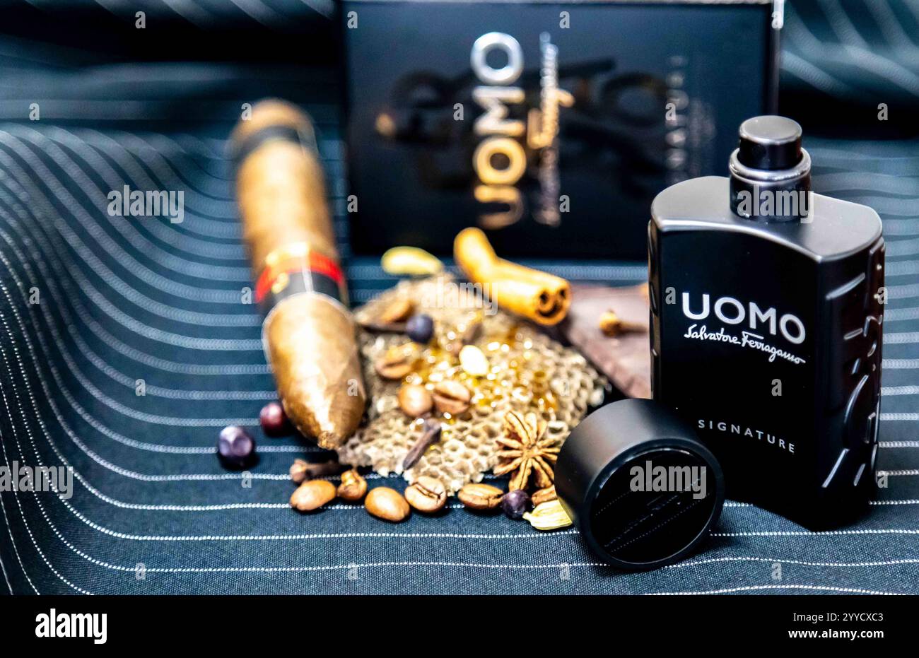 Brazil, December 21, 2024. Vintage Uomo Signature men's perfume with a ...