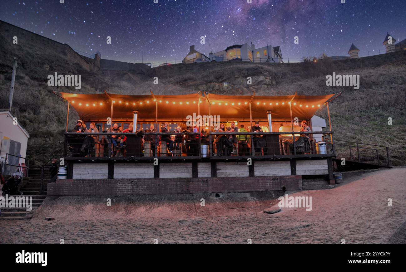 Rileys fish shack Tynemouth King Edwards Bay with starry night sky and ...