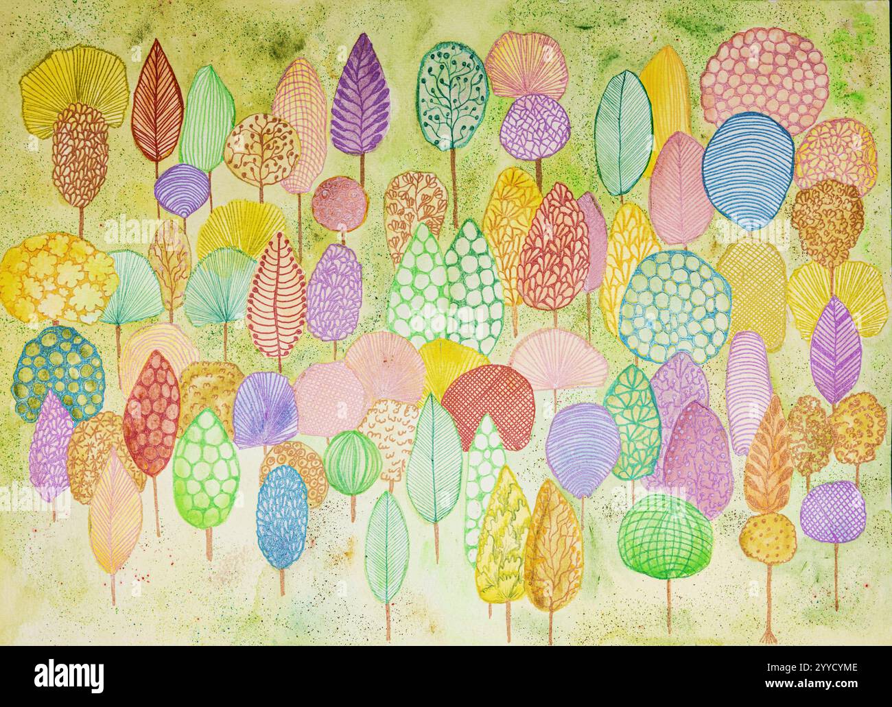 Whimsical and decorative doodle of colorful trees. The dabbing ...
