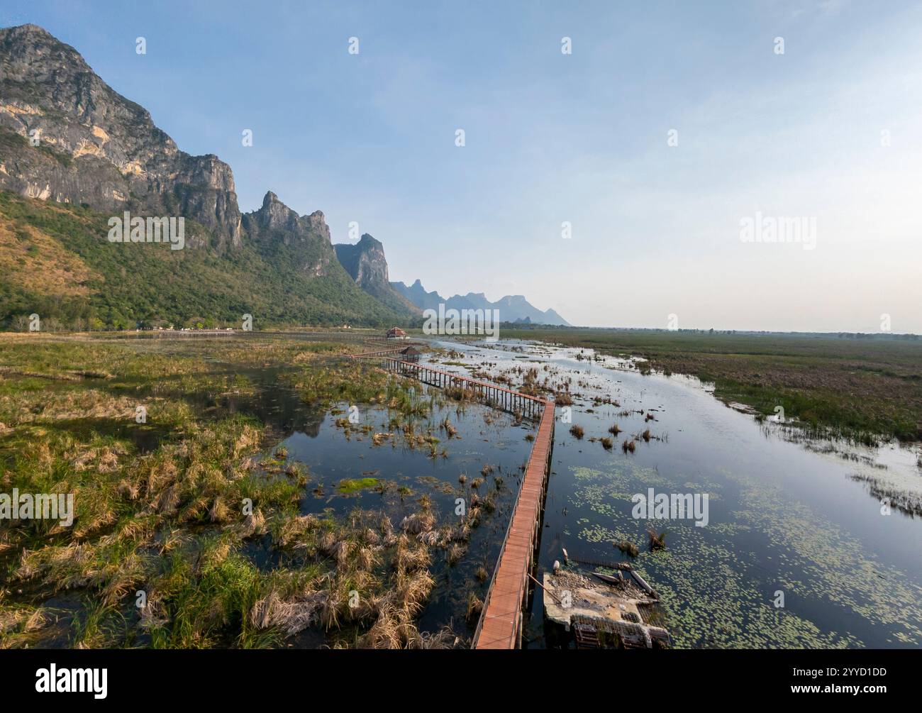 A beautiful peaceful nature walk,across boardwalks,crossing over calm ...