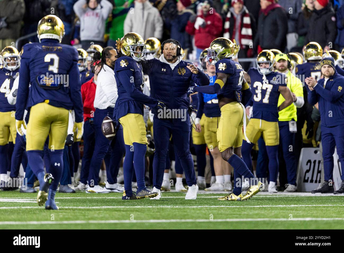 South Bend, Indiana, USA. 20th Dec, 2024. Notre Dame head coach Marcus Freeman reacts to ...