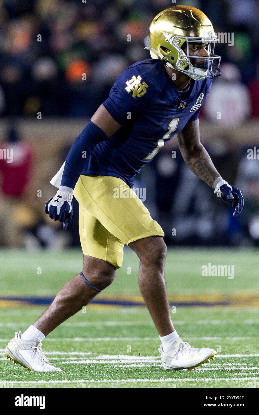 South Bend, Indiana, USA. 20th Dec, 2024. Notre Dame safety Jordan Clark (1) during NCAA ...