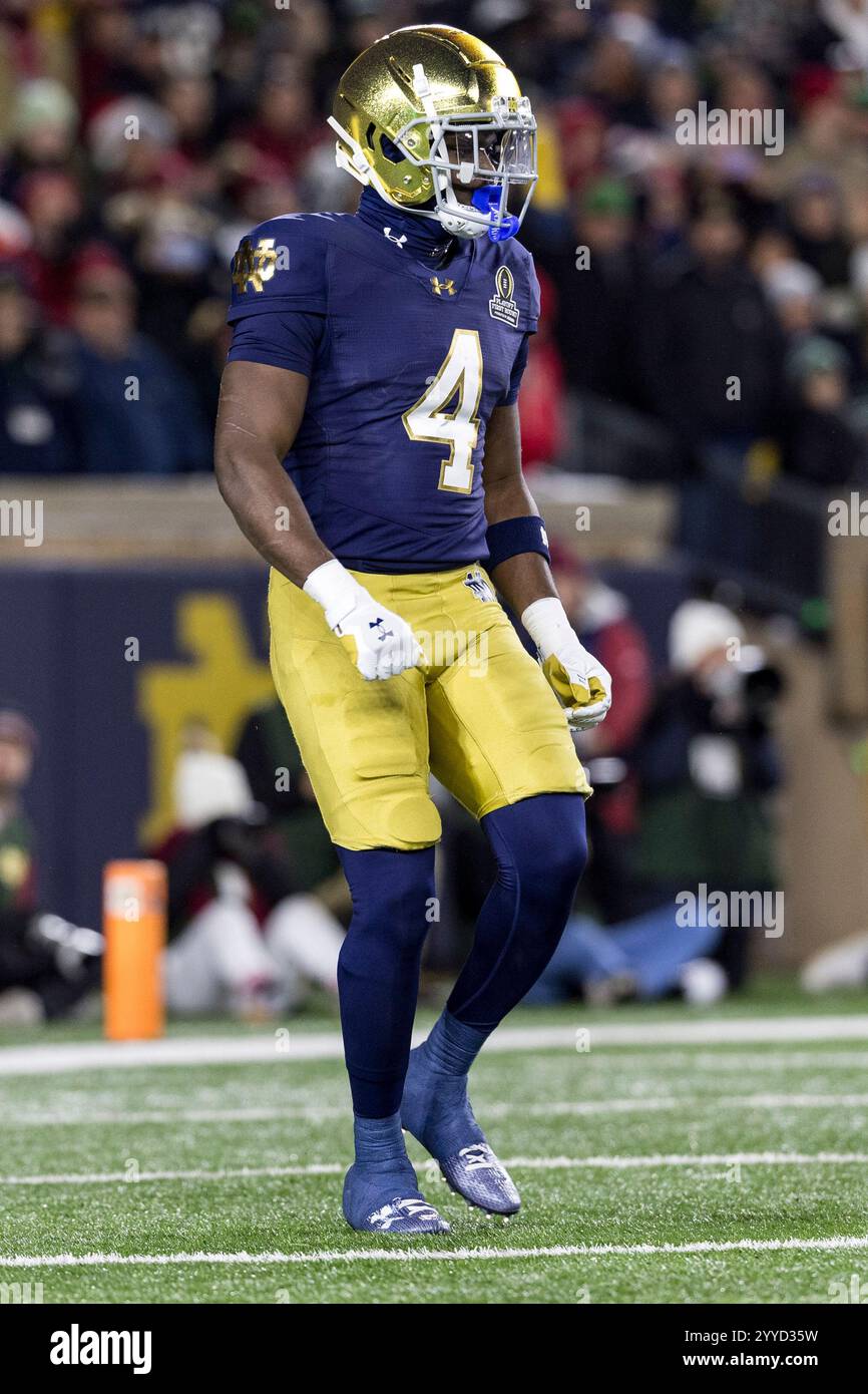 South Bend, Indiana, USA. 20th Dec, 2024. Notre Dame running back Jeremiyah Love (4) during NCAA ...