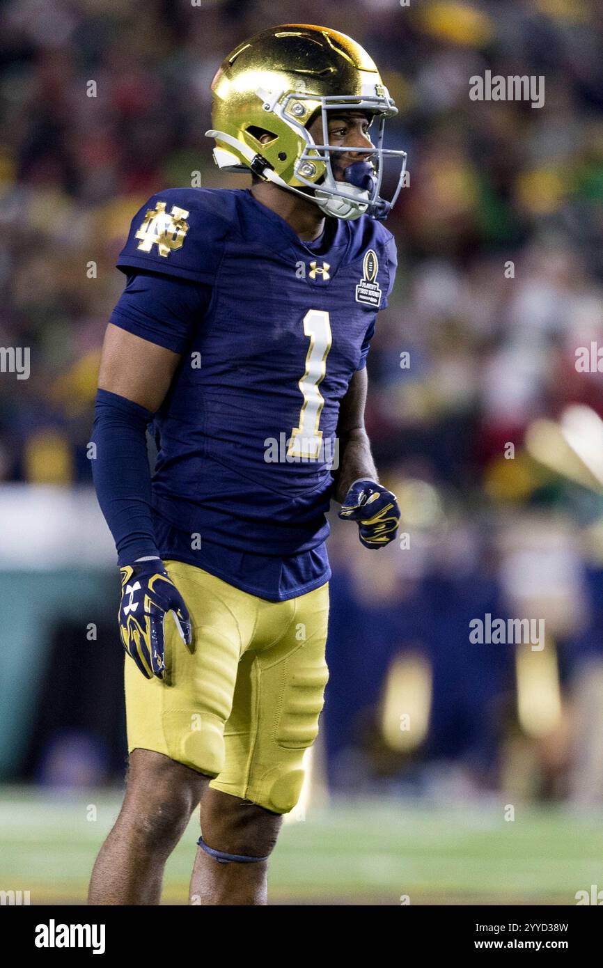 South Bend, Indiana, USA. 20th Dec, 2024. Notre Dame safety Jordan Clark (1) during NCAA ...