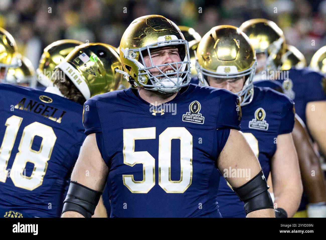 South Bend, Indiana, USA. 20th Dec, 2024. Notre Dame offensive lineman Rocco Spindler (50 ...