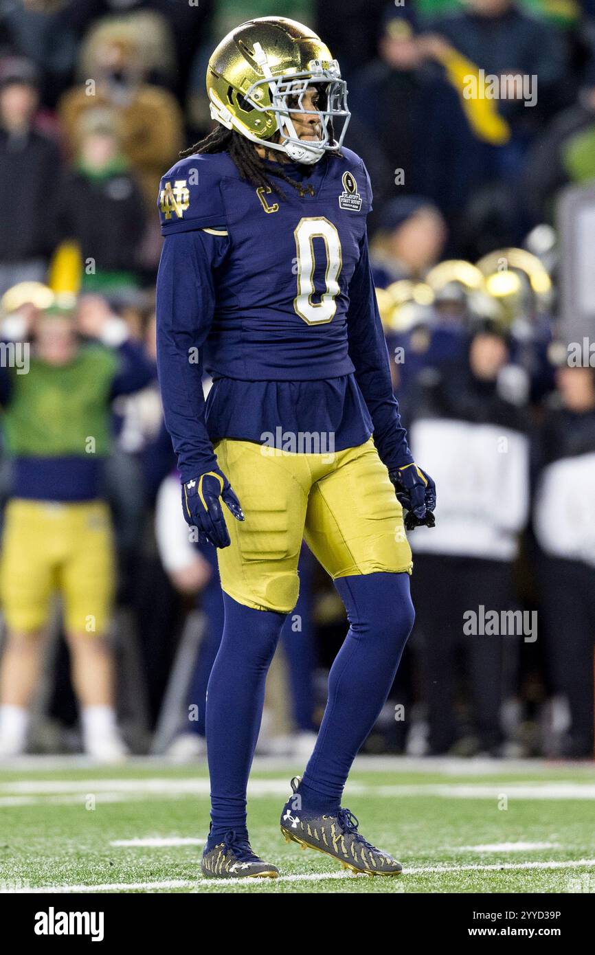 South Bend, Indiana, USA. 20th Dec, 2024. Notre Dame safety Xavier Watts (0) during NCAA ...
