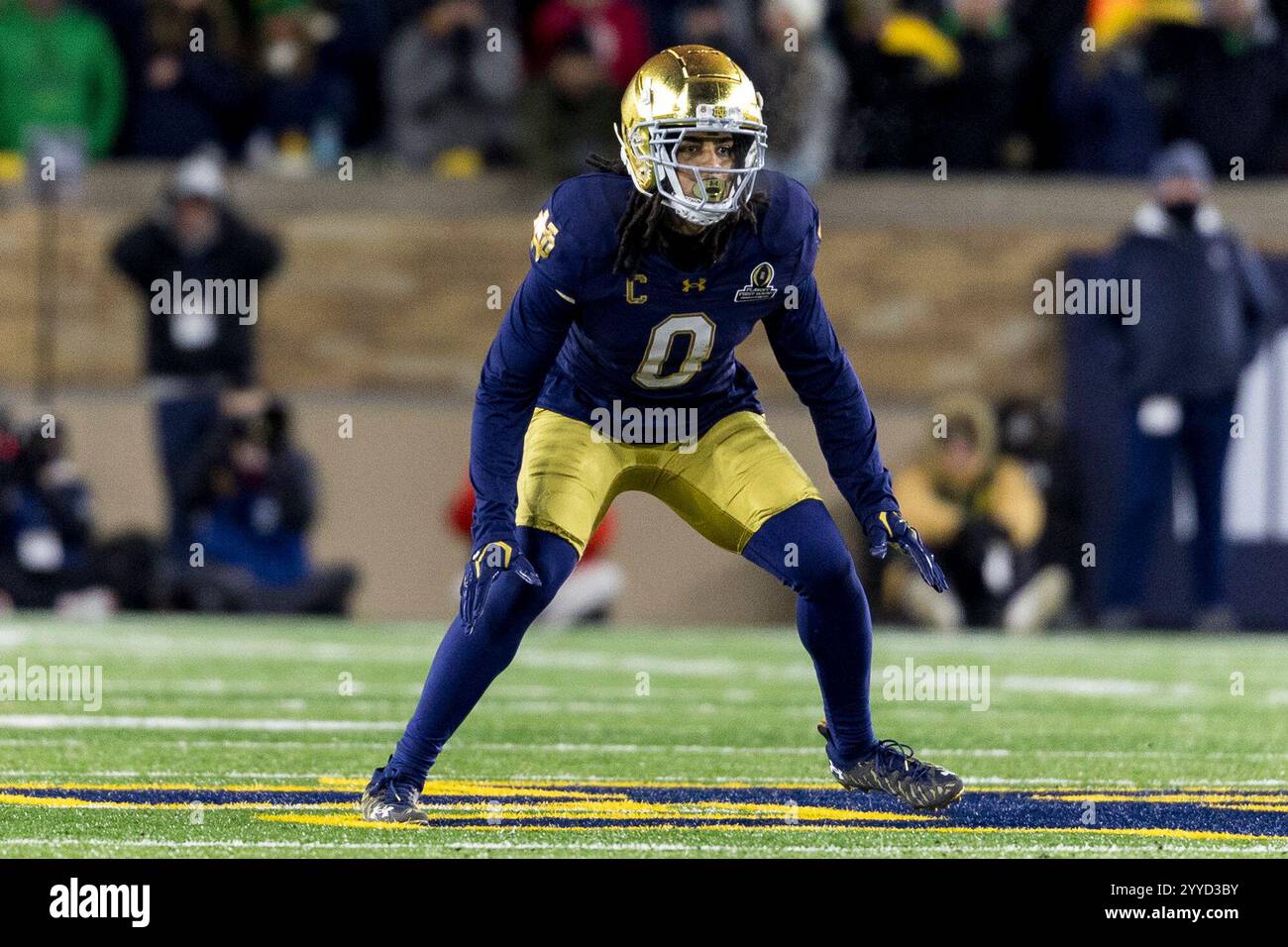 South Bend, Indiana, USA. 20th Dec, 2024. Notre Dame safety Xavier Watts (0) during NCAA ...