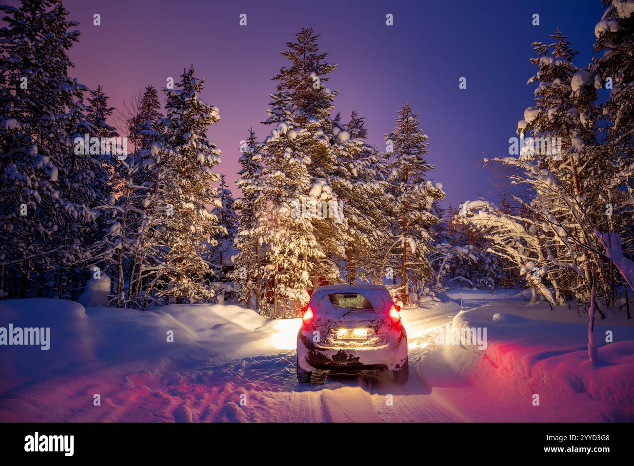 Finnish Lapland in winter. Snow-capped forest at night. Snowy car with ...