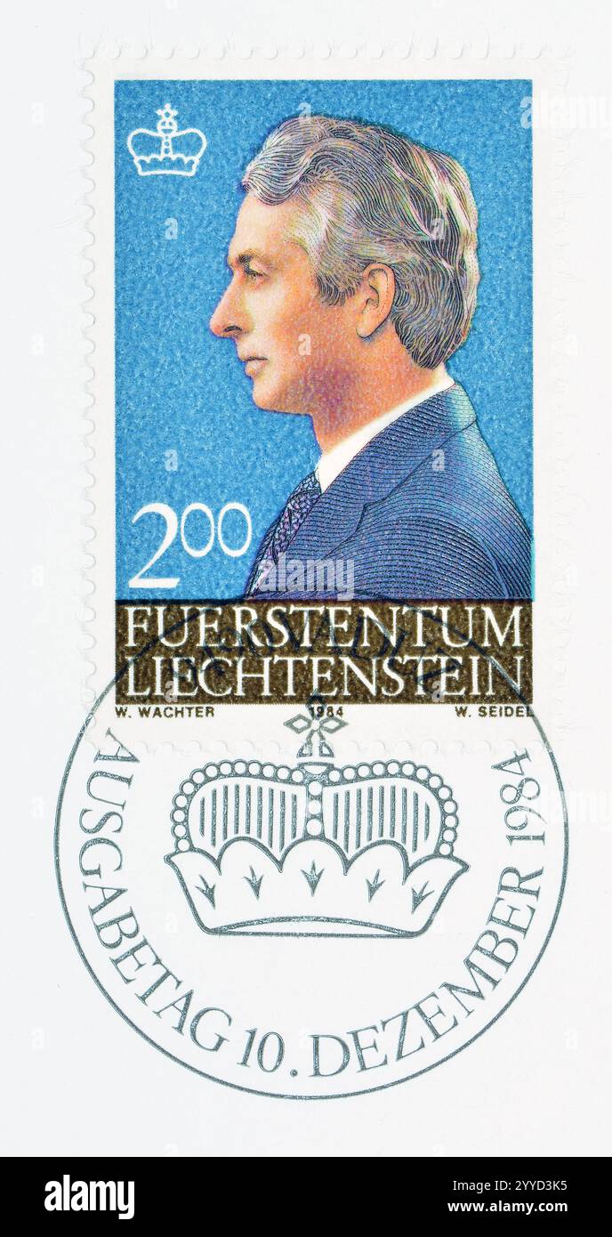 Cancelled postage stamp printed by Liechtenstein, that shows portrait ...
