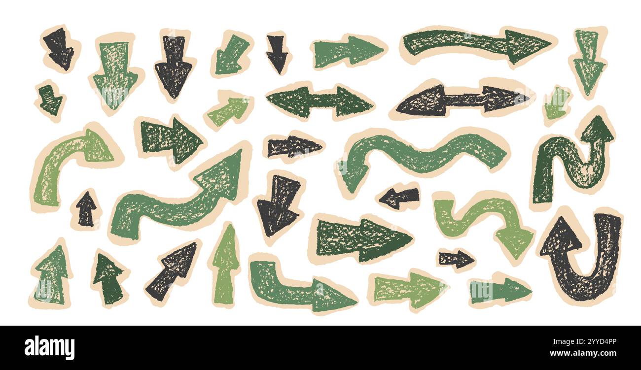 Arrow collage set crayon drawing. Pointers craft paper isolated ...