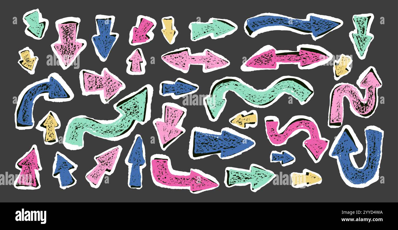 Arrow collage set crayon drawing Pointers isolated. Navigation marks ...