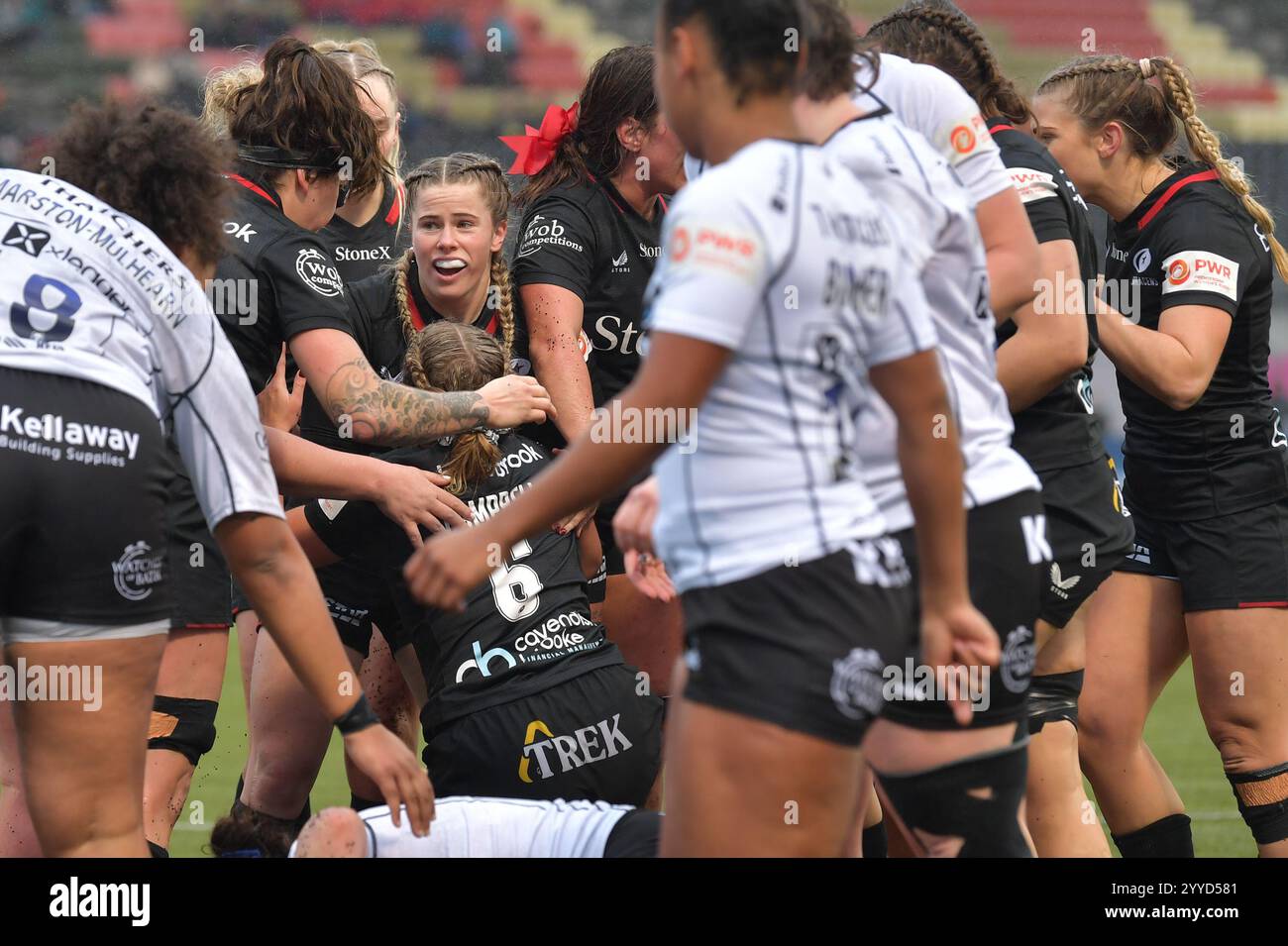Saracens Women celebrate May Campbell's score in the first half during ...
