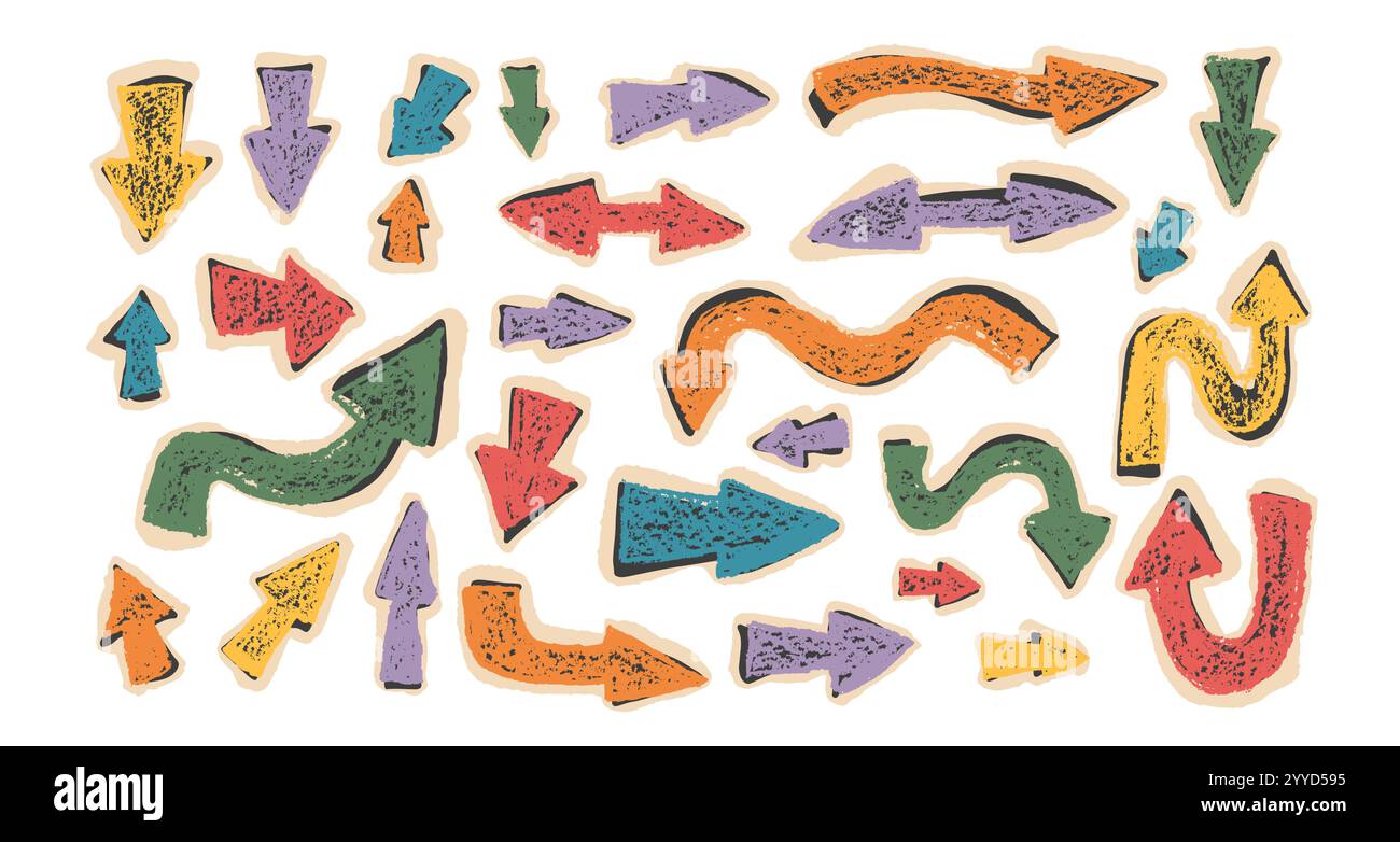 Arrow set for collage. Crayon drawing paper navigation path marks ...