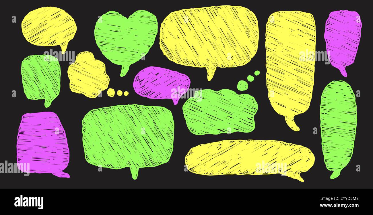 Speech bubbles set. Crayon doodle text frames. Chat dialog boxes. Comic ...