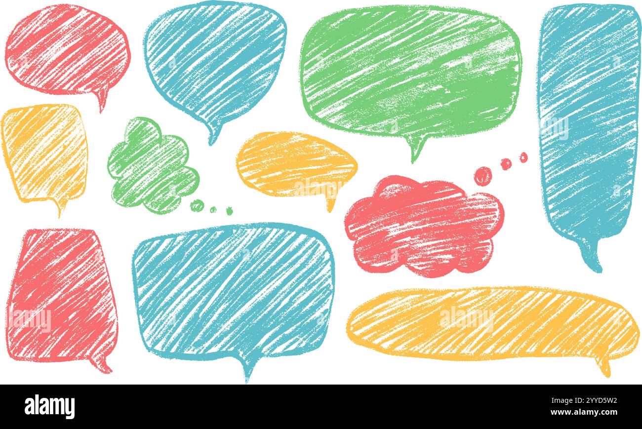 Speech bubbles set. Crayon doodle text frames. Chat dialog boxes. Comic ...