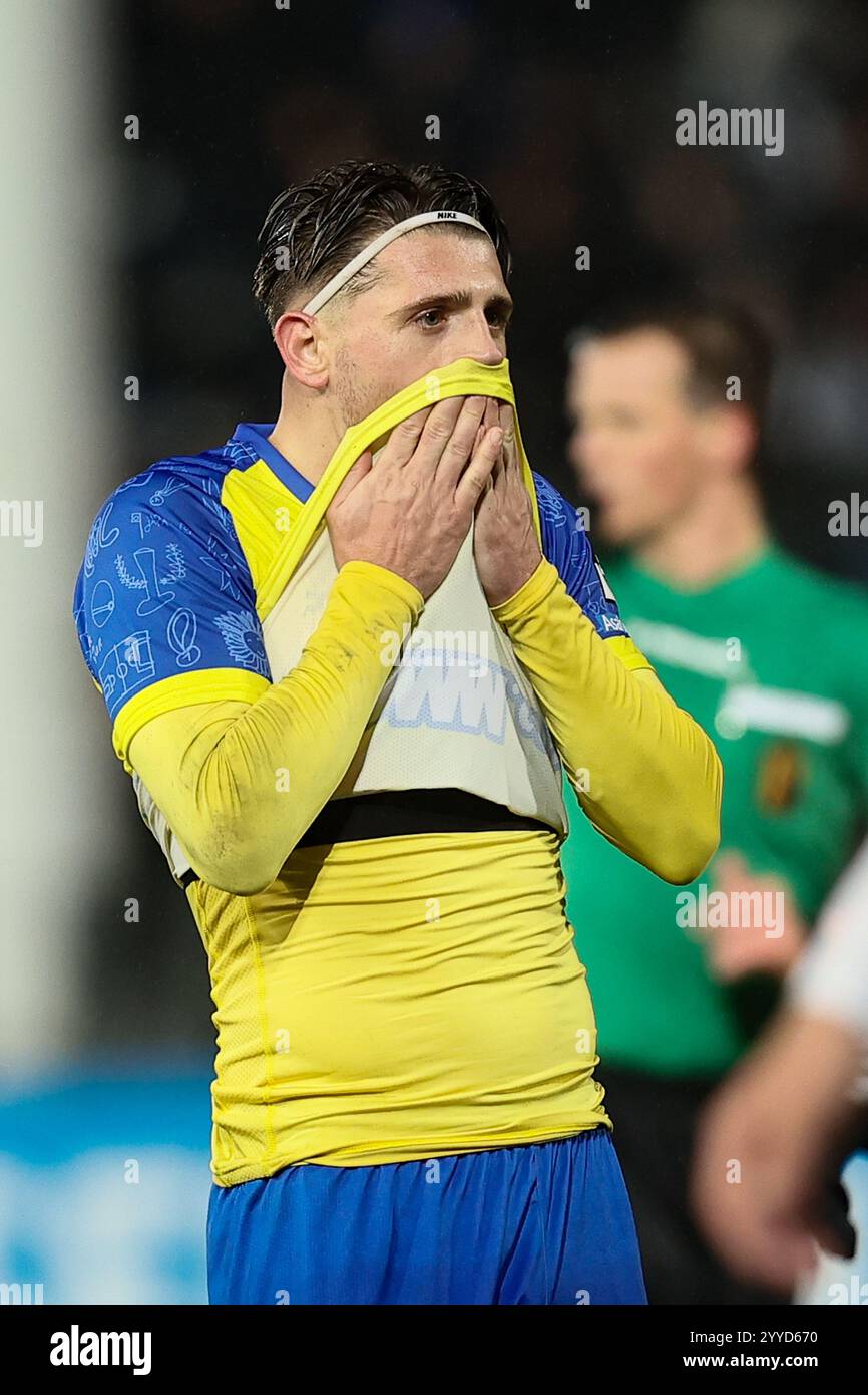 Sint Truiden, Belgium. 21st Dec, 2024. STVV's Adriano Bertaccini reacts ...
