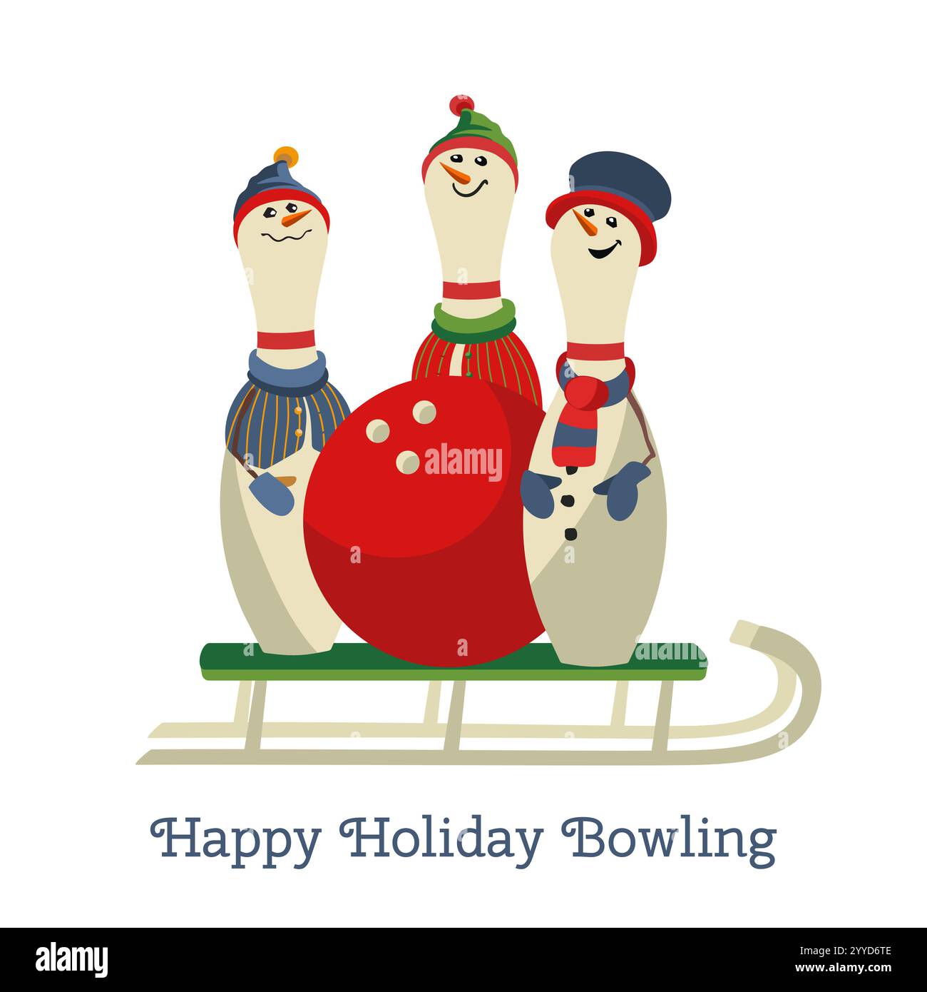 Christmas holiday bowling fancy vector icon. Bowling ball, funny pins ...