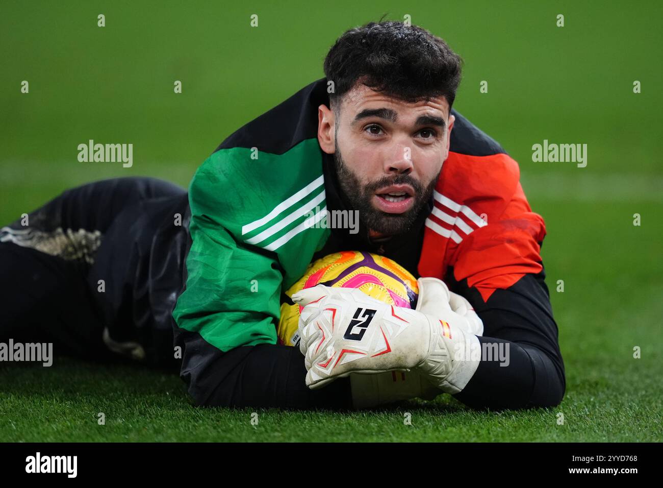 Arsenal goalkeeper David Raya warms up during the Premier League match ...