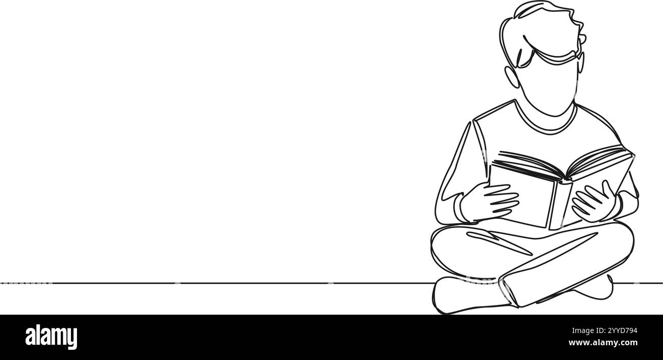 continuous line drawing of boy sitting cross-legged on floor reading a ...