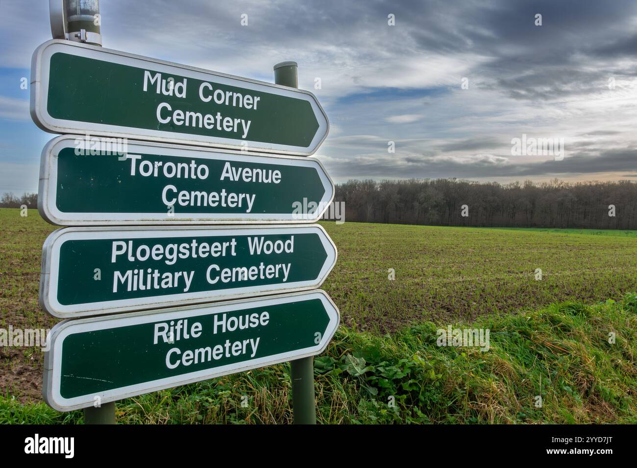 Signposts showing directions to different WW1 military cemeteries on ...