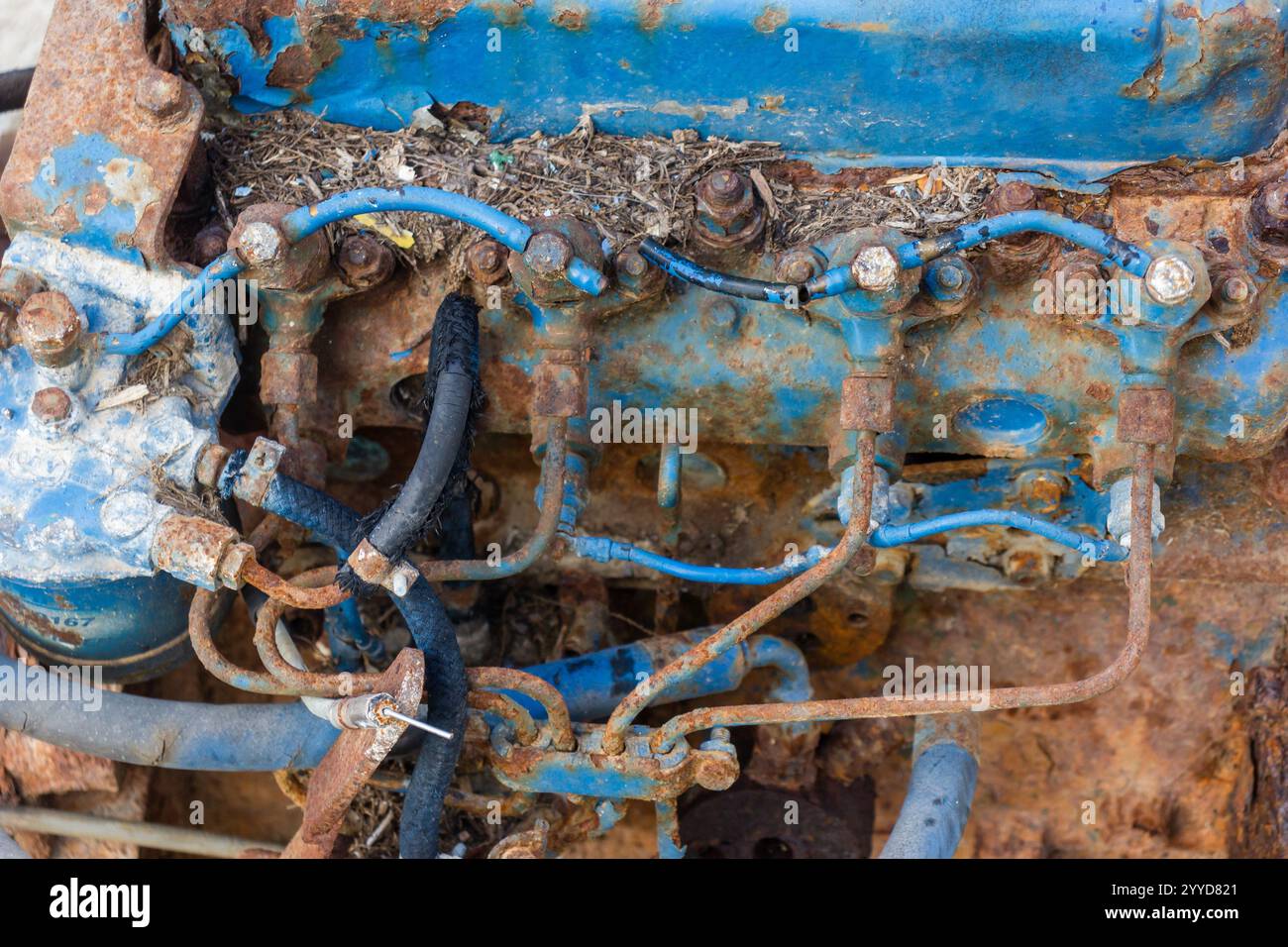 Rusty Blue Mechanical Engine Component with Hoses and Connectors in ...