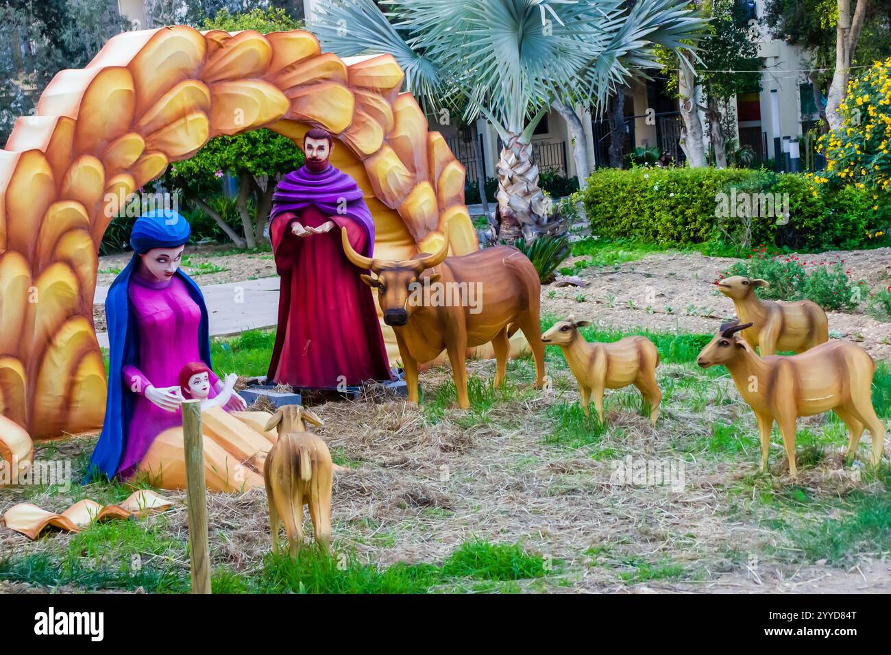 Nativity Scene Depicting Mary, Joseph, Baby Jesus, and Animals in a ...