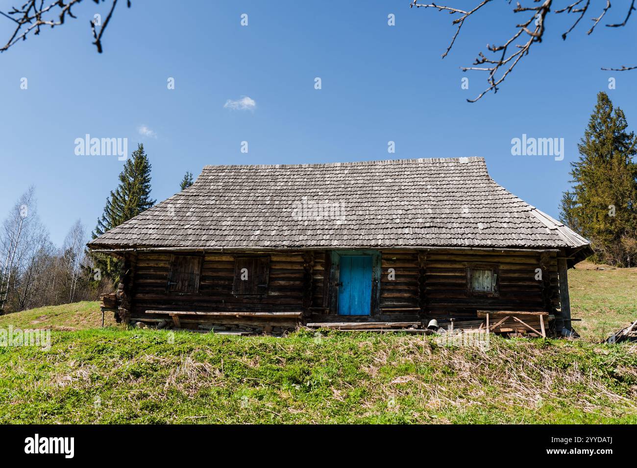 Rustic log cabin under a clear blue sky surrounded by greenery and ...