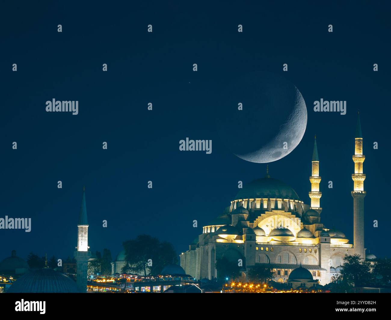 Islamic concept image. Suleymaniye Mosque and crescent moon at night ...