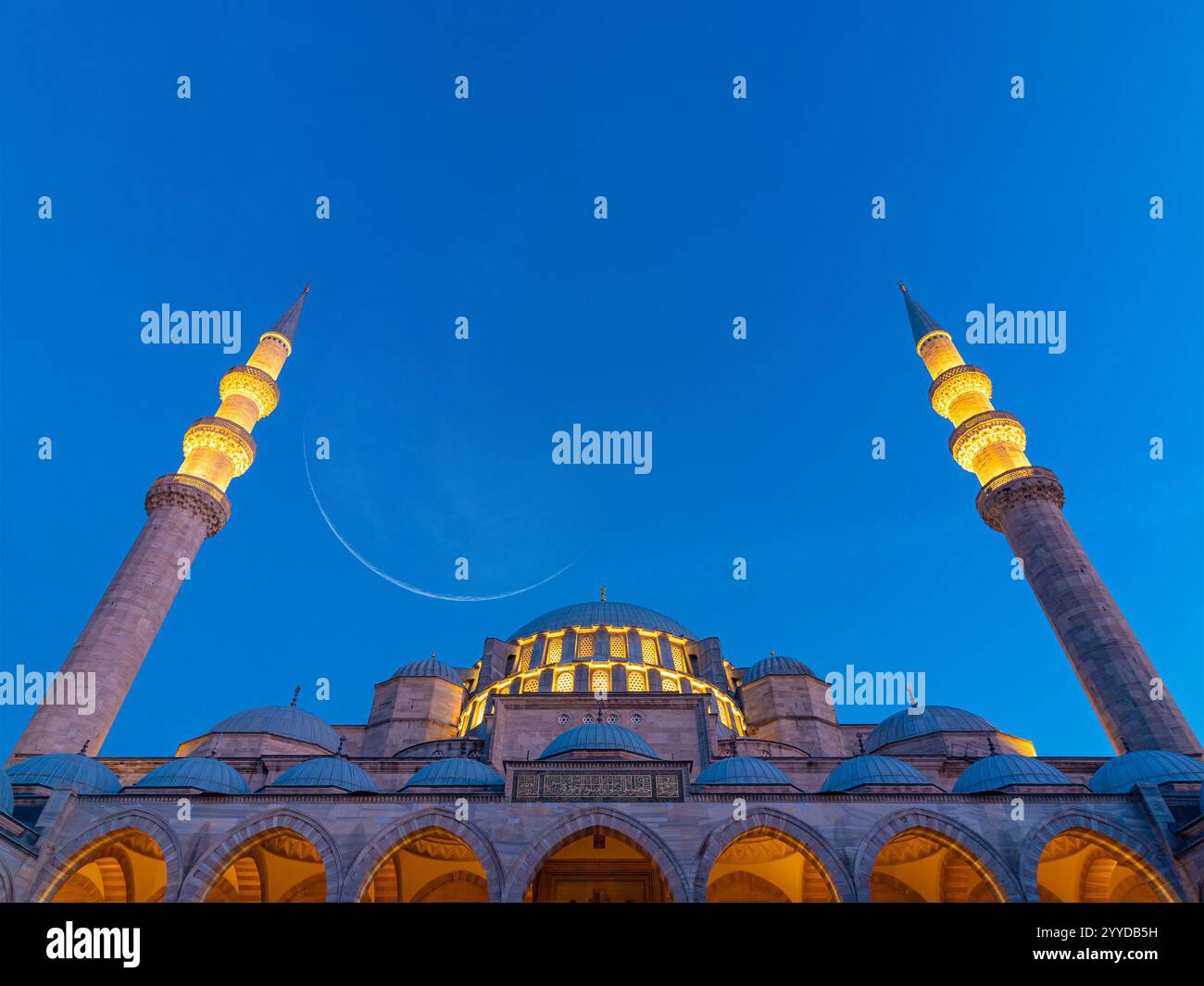 Suleymaniye Mosque with crescent moon. Islamic or laylat al-qadr ...
