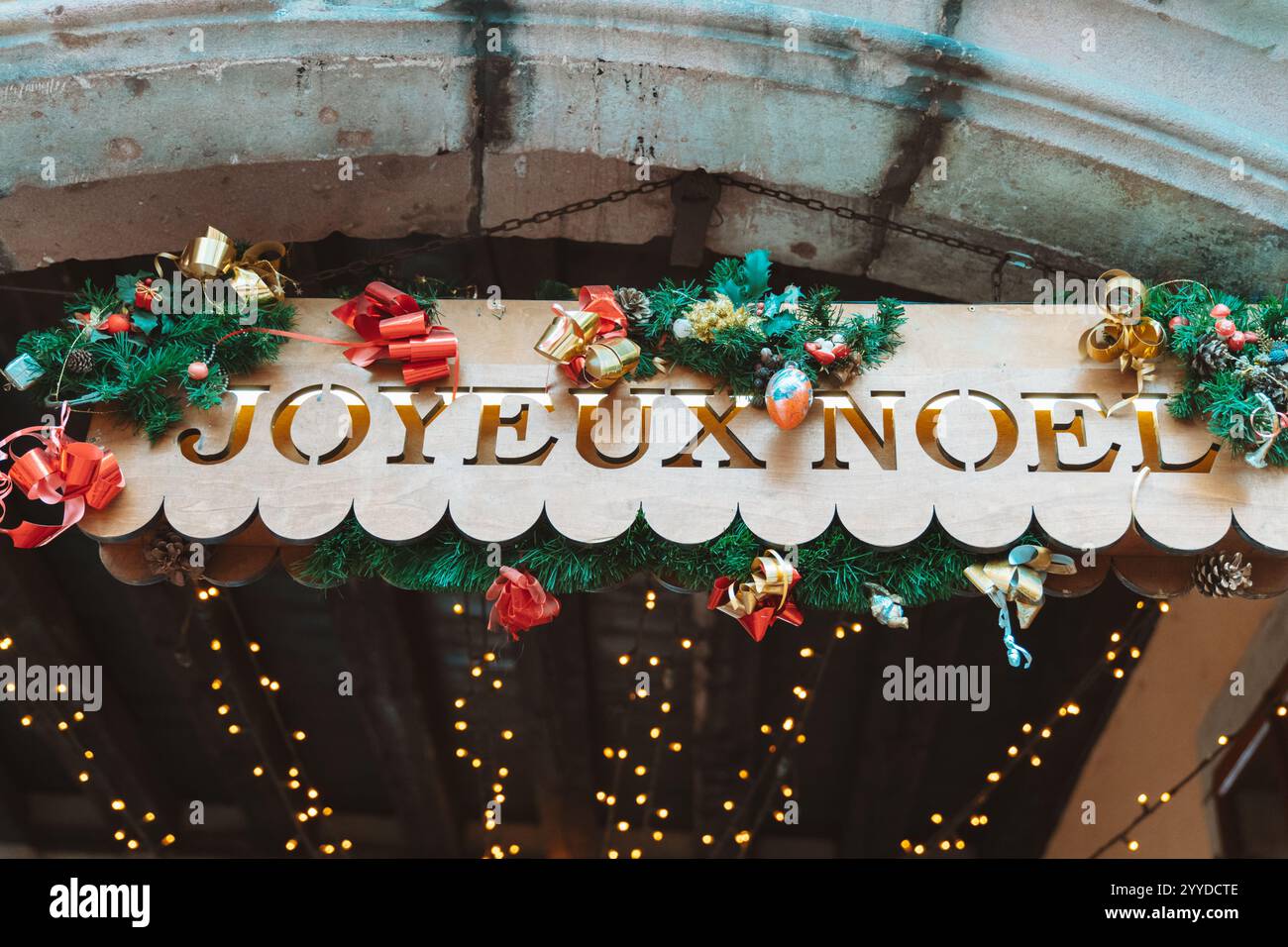 Sign with Joyeux Noel at a Christmas market in Kaysersberg France Stock ...