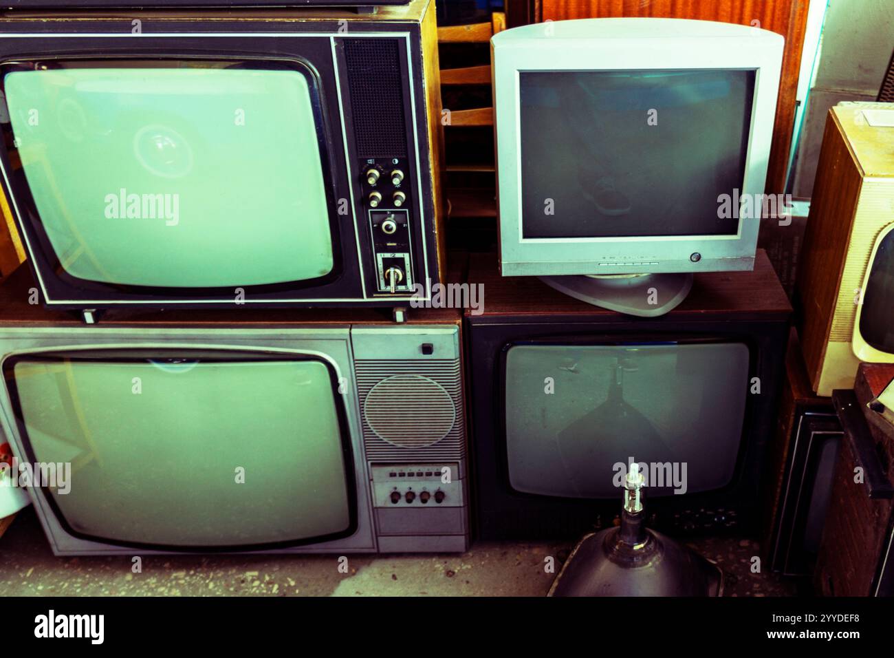 Many retro television. vintage old TV is colorful multi-row. Seeing the ...