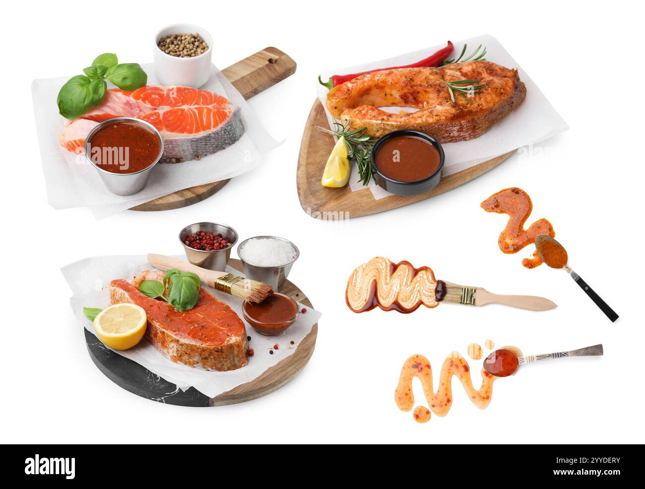 Different types of red fish marinade and salmon steaks on white ...