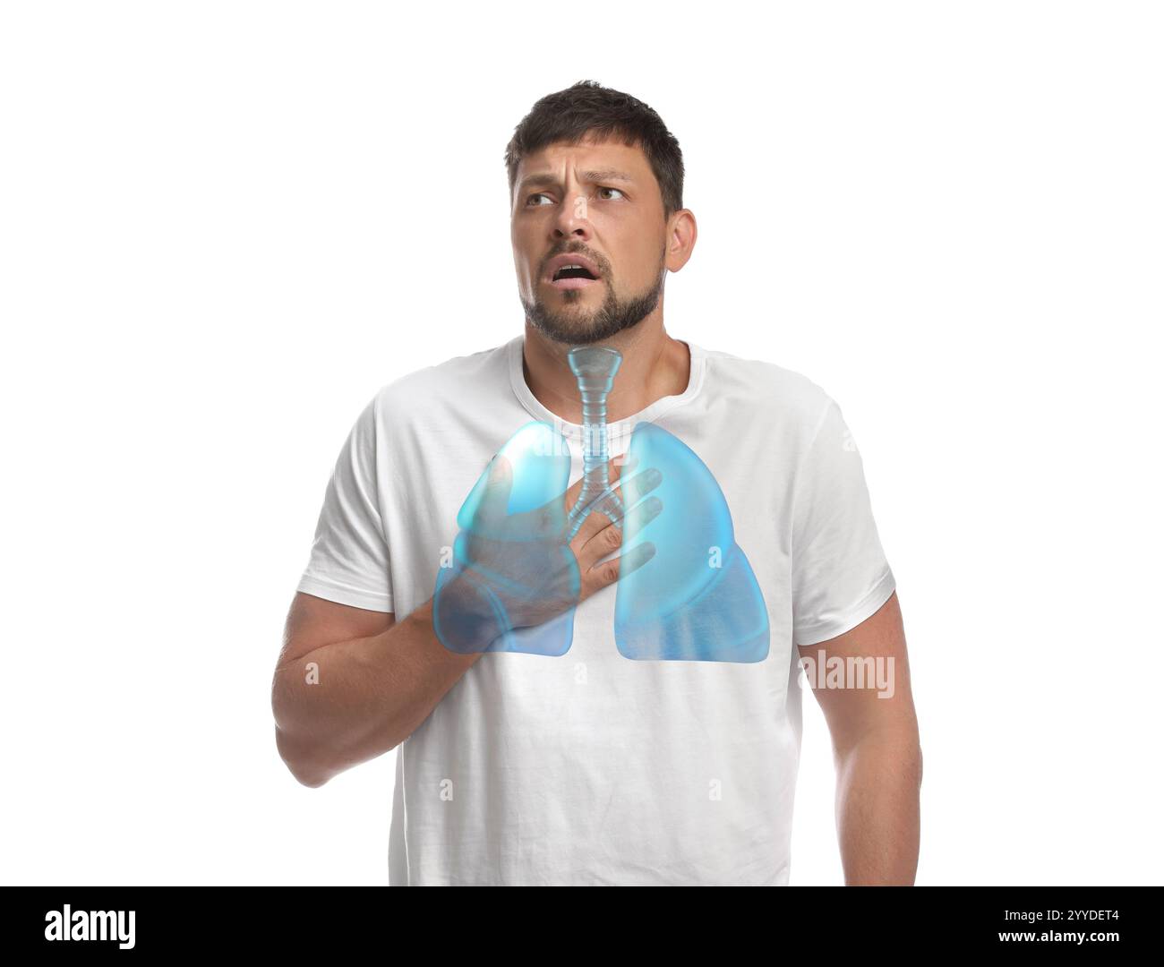 Man with asthma suffering from difficulty breathing on white background ...