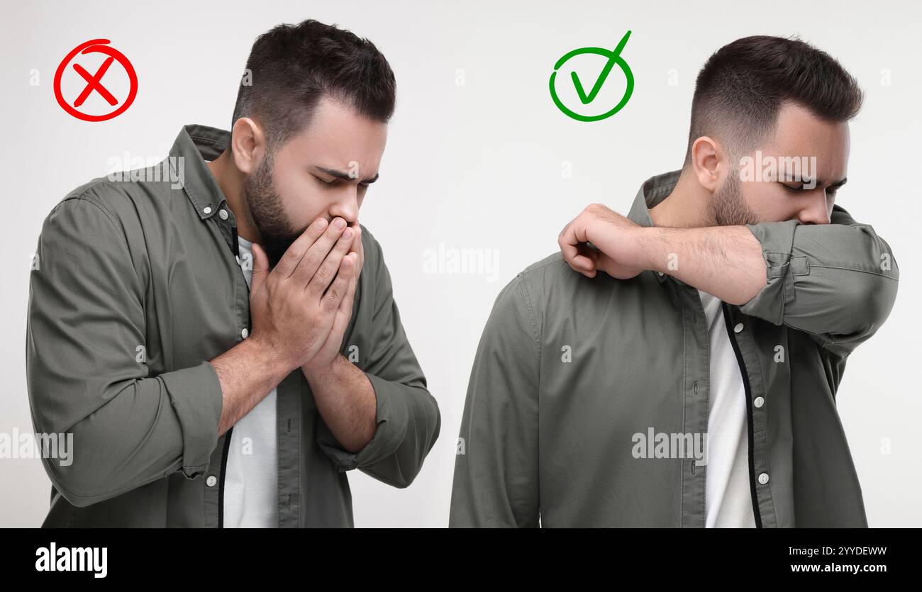 Cough etiquette, cover mouth with elbow to prevent disease spreading ...